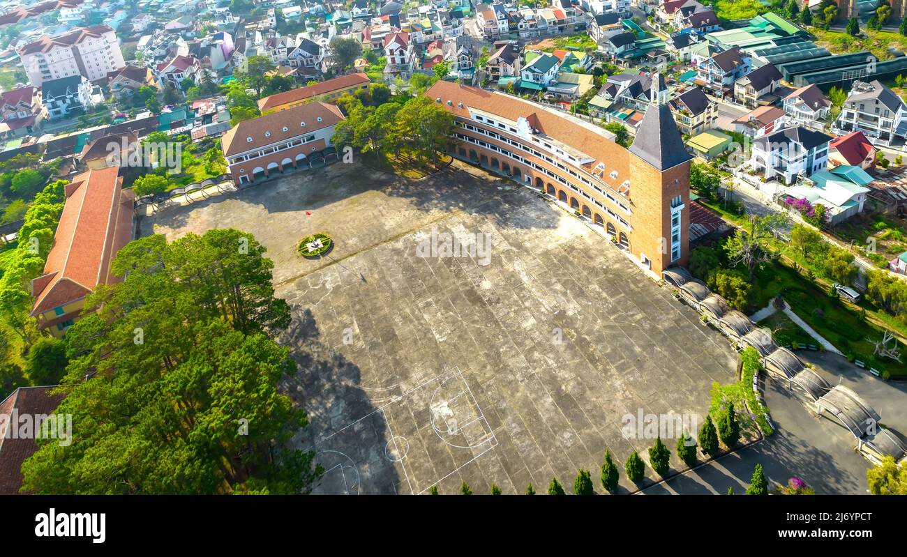 Aerial view Da Lat Pedagogical College in morning, with its unique arc ...