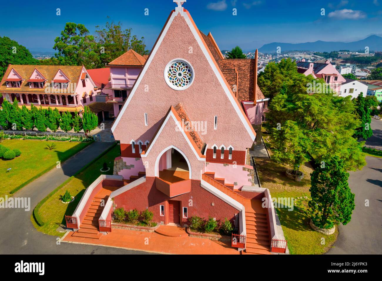Aerial view outside Domaine De Marie Church on a morning. Old French ...