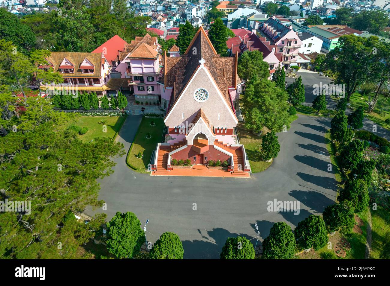 Aerial view outside Domaine De Marie Church on a morning. Old French ...