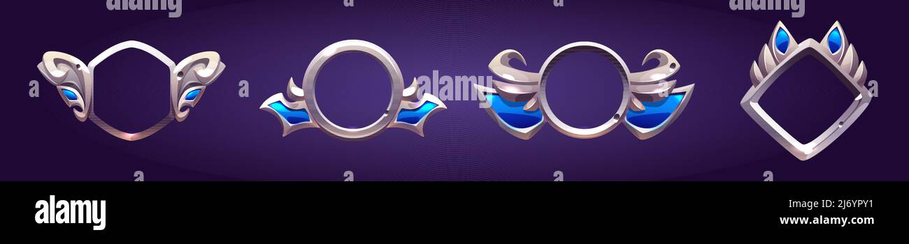 Silver game frames, medieval ui borders. Round, hexagon and rhombus ...