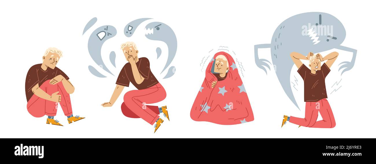 Frightened man have panic attack disorder. Vector flat illustration of ...