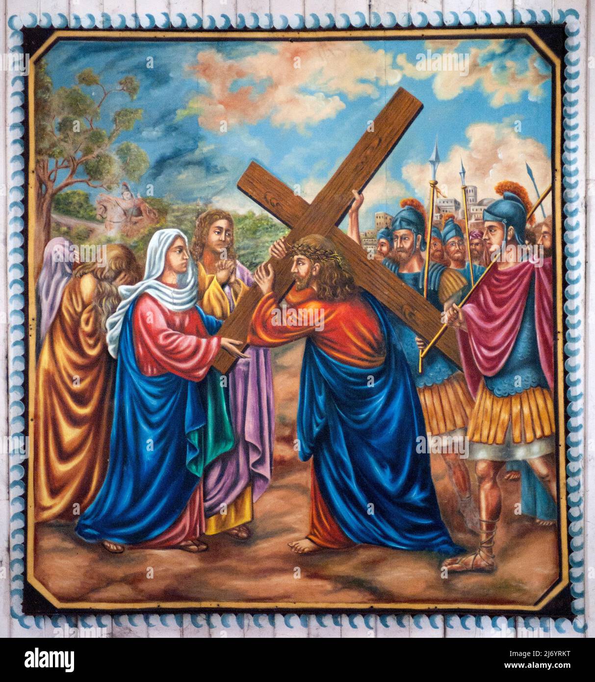 Wall Painting of Jesus Christ under cross and mother Meri at Santa Cruz ...