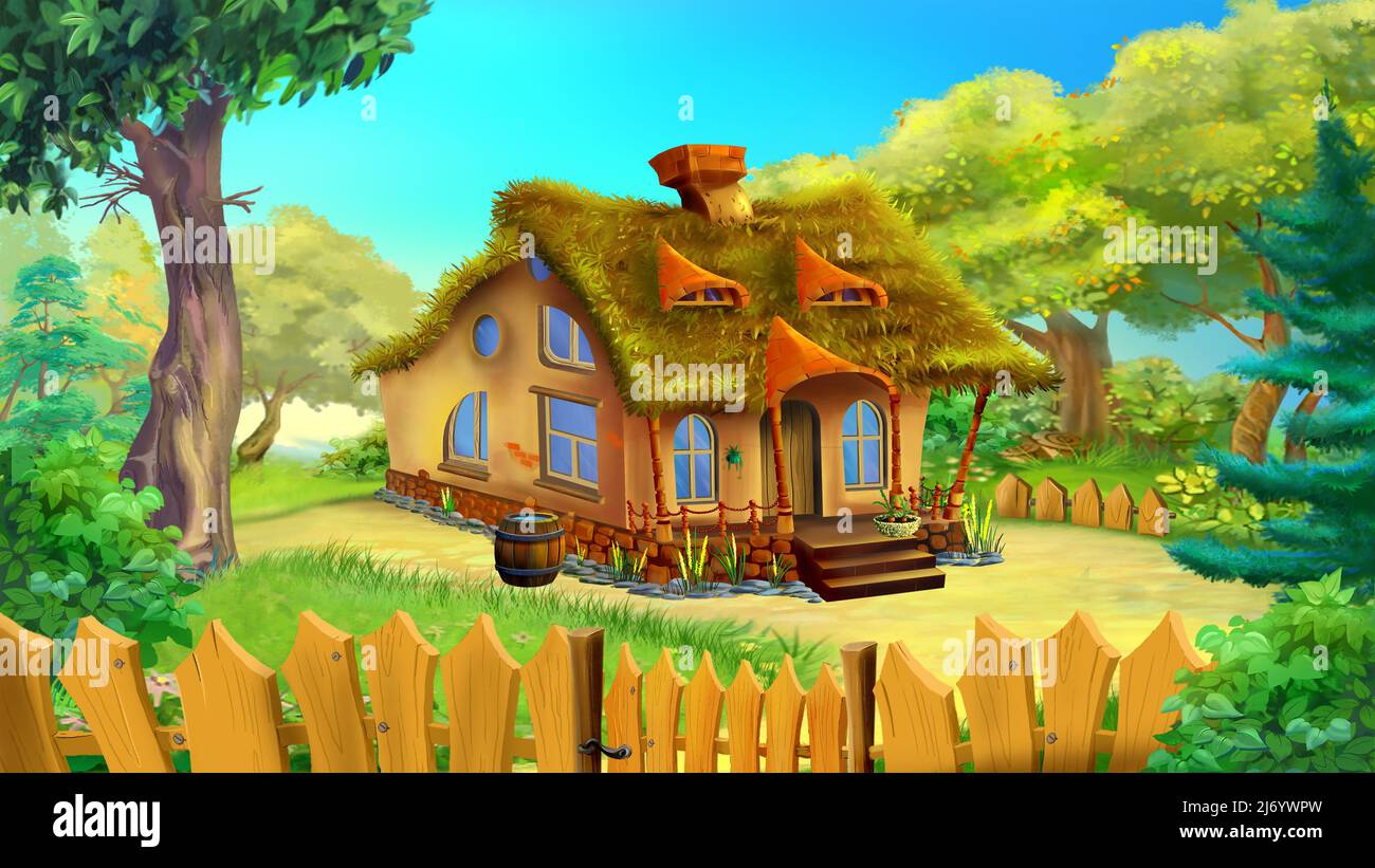 Fairy tale country house with apple trees on a summer day. Digital ...