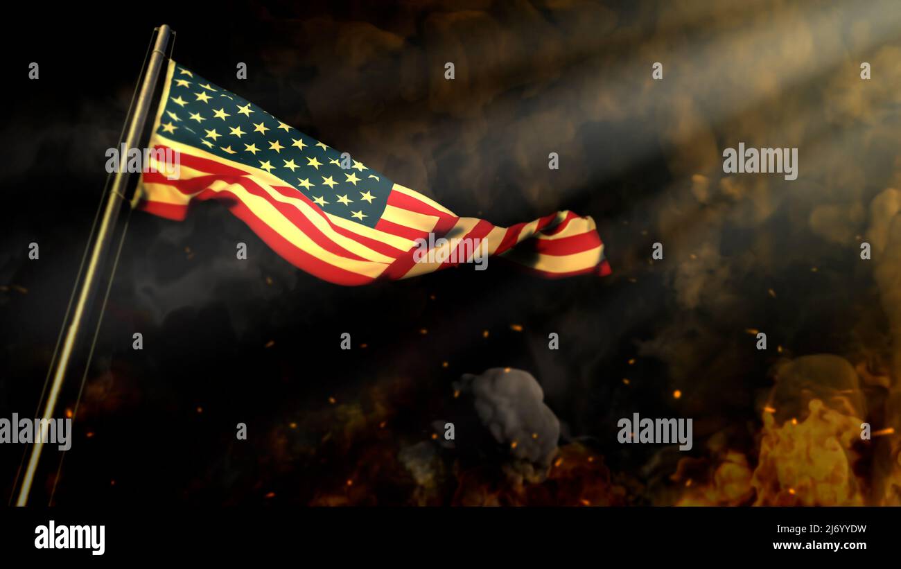 soft focus USA flag on smoke with sun rays backdrop - disaster concept ...