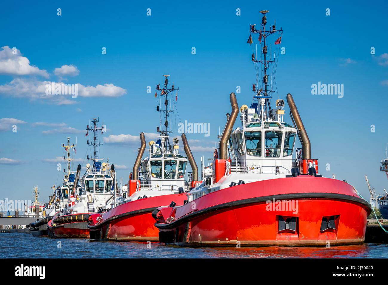front view of a group of three strong red and white colored tug boats ...