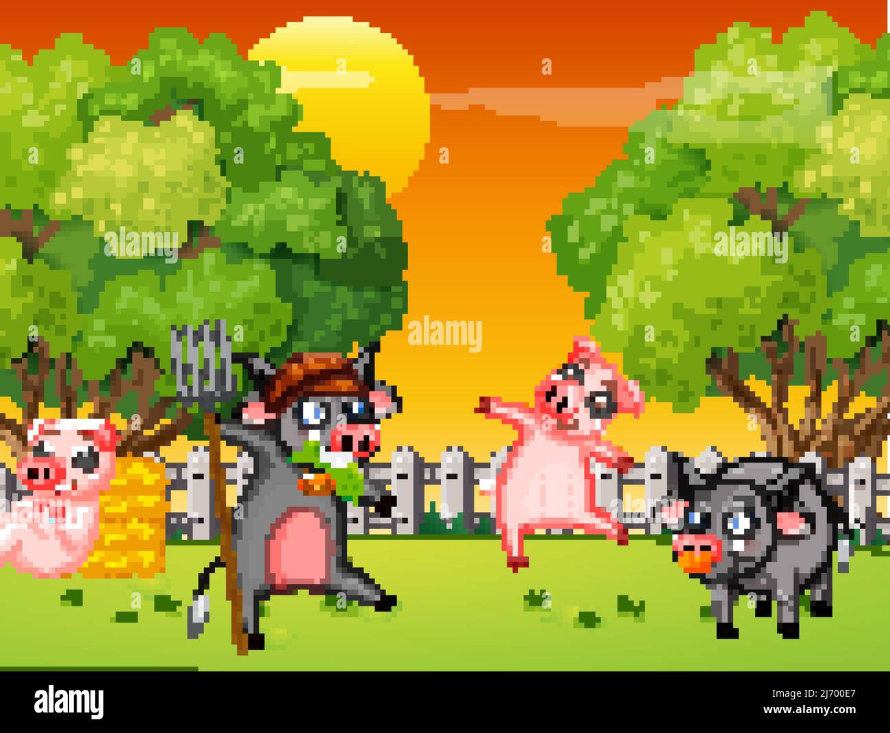 Farm scene with many animals dancing illustration Stock Vector Image ...