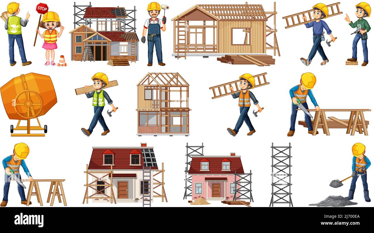 Set of construction site objects and workers illustration Stock Vector ...