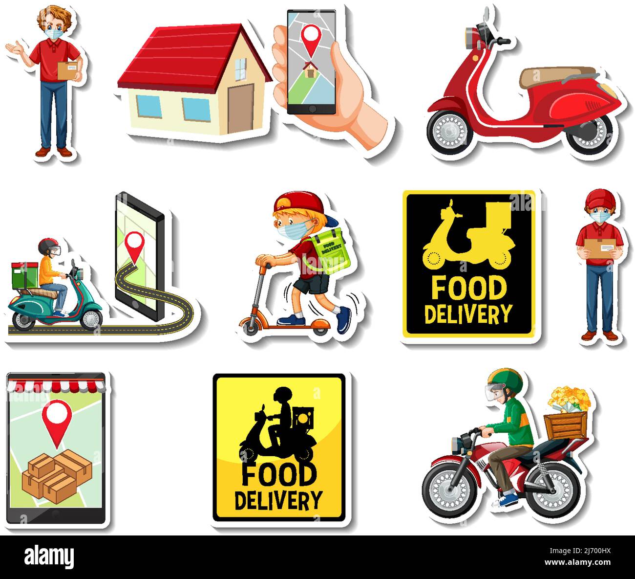 Sticker set of delivery objects and cartoon characters illustration ...