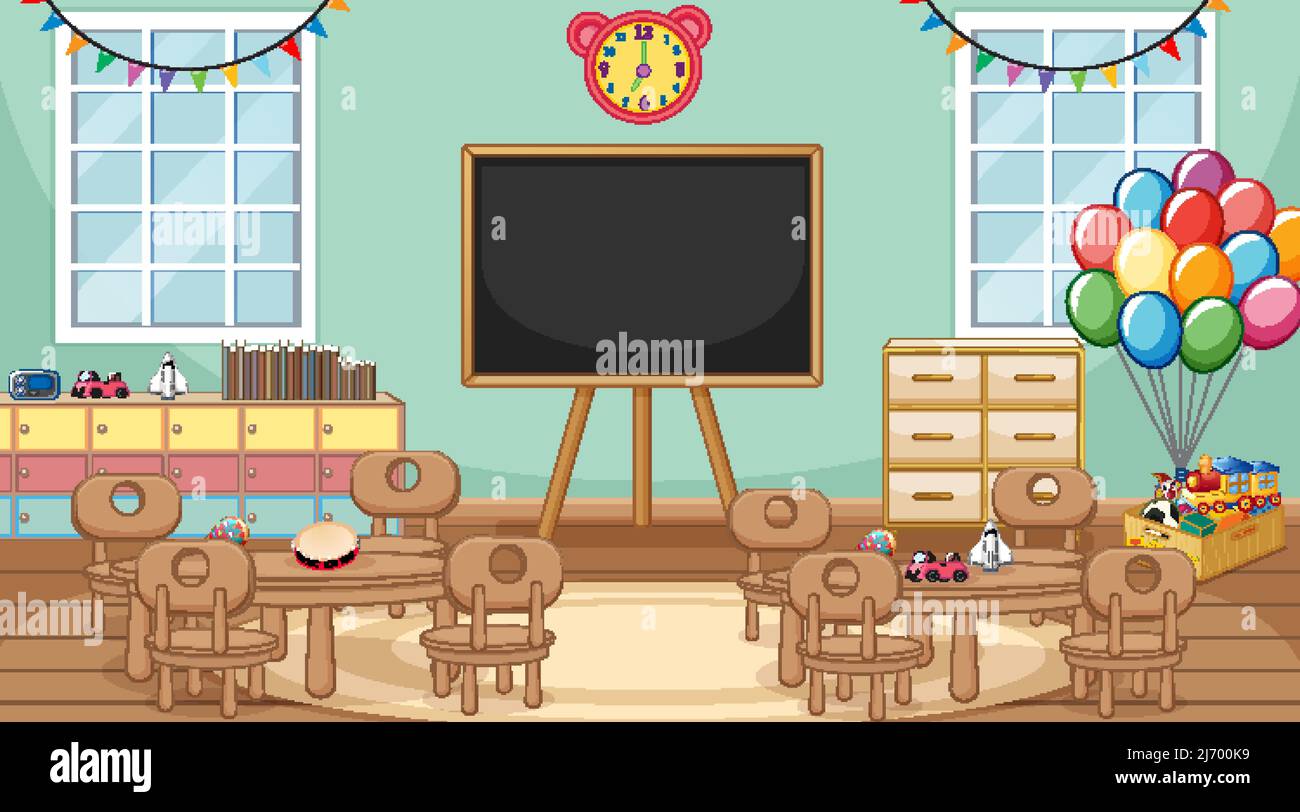 Scene with table and chairs in classroom illustration Stock Vector ...