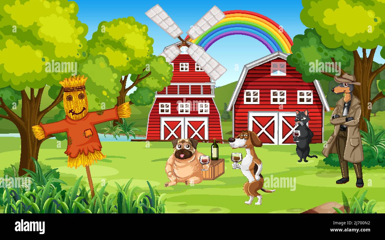 Outdoor farm scene with cartoon dogs illustration Stock Vector Image ...