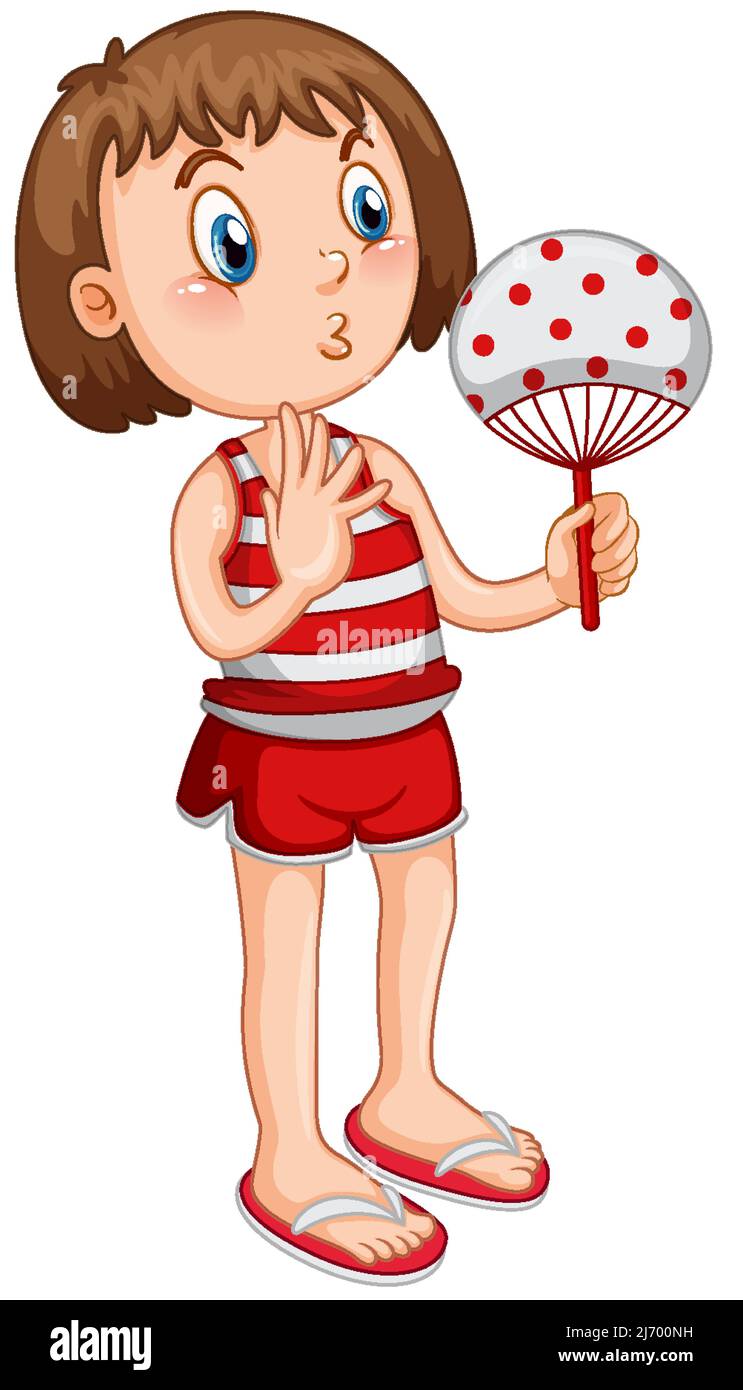Cute girl in red outfit holding hand fan illustration Stock Vector ...