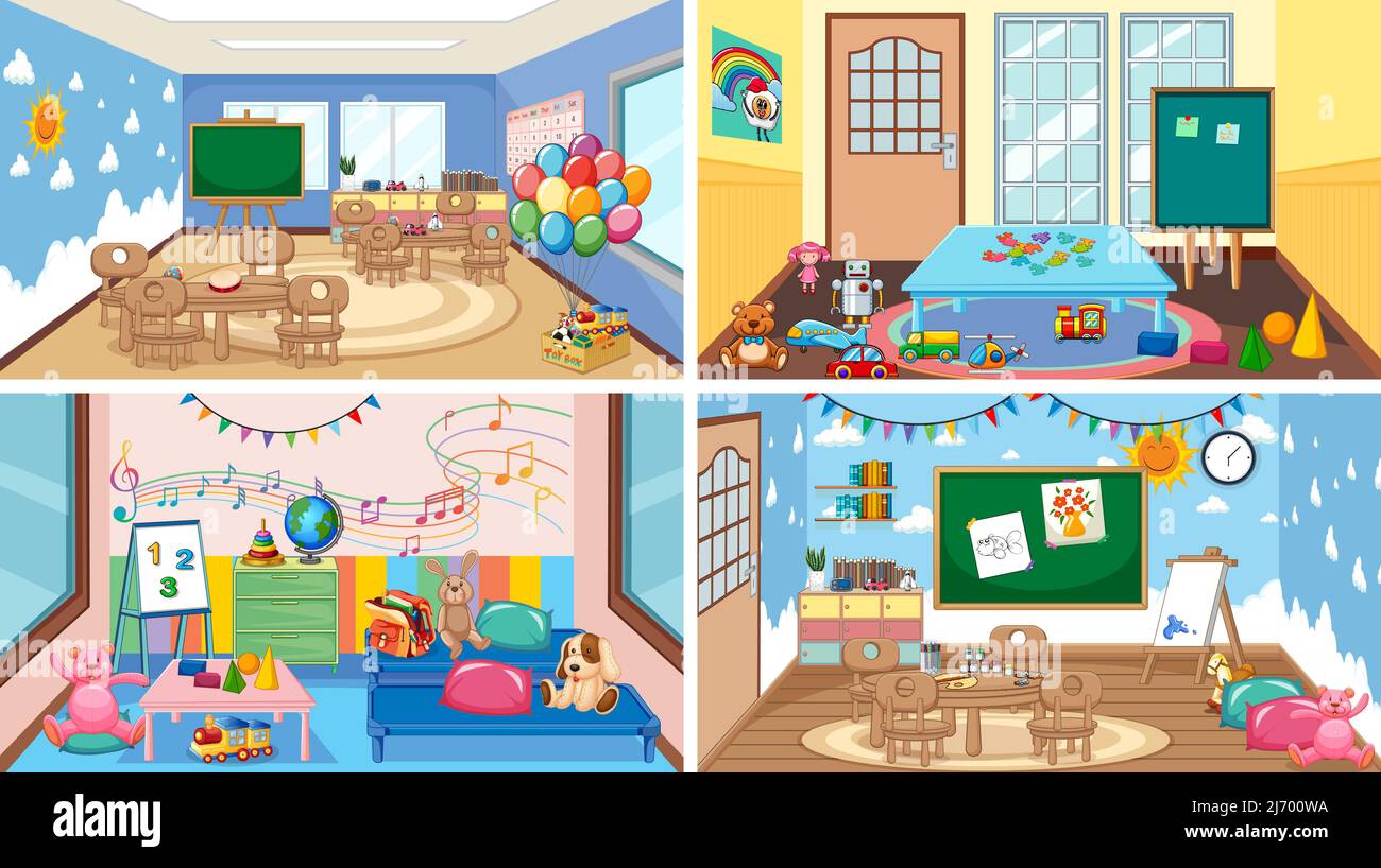 Set of different kindergarten classroom scenes illustration Stock ...
