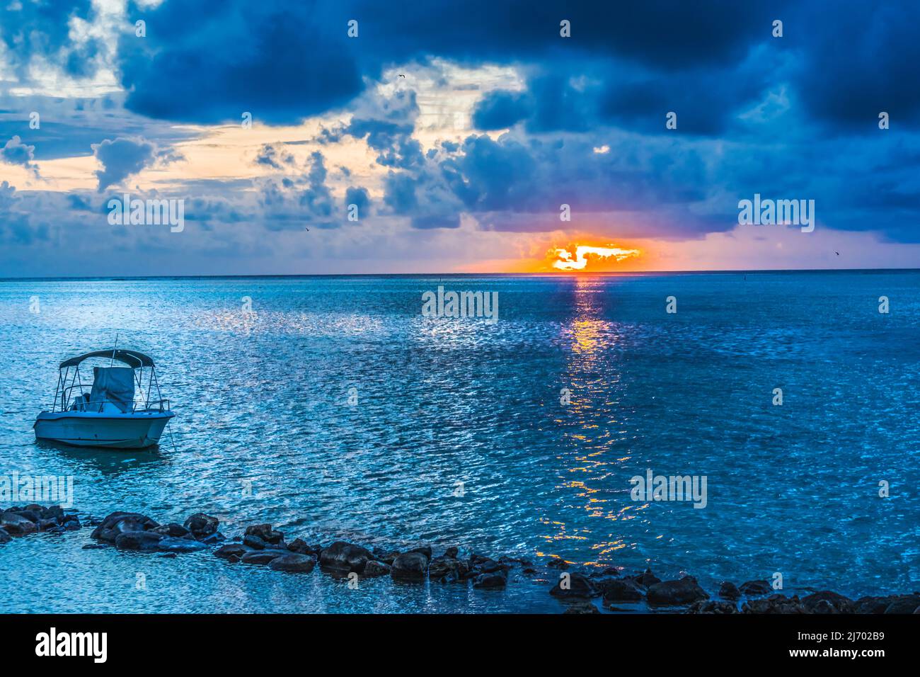 Colorful Sunset Reflection Cloudscape Boat Breakwater Blue Water Moorea ...