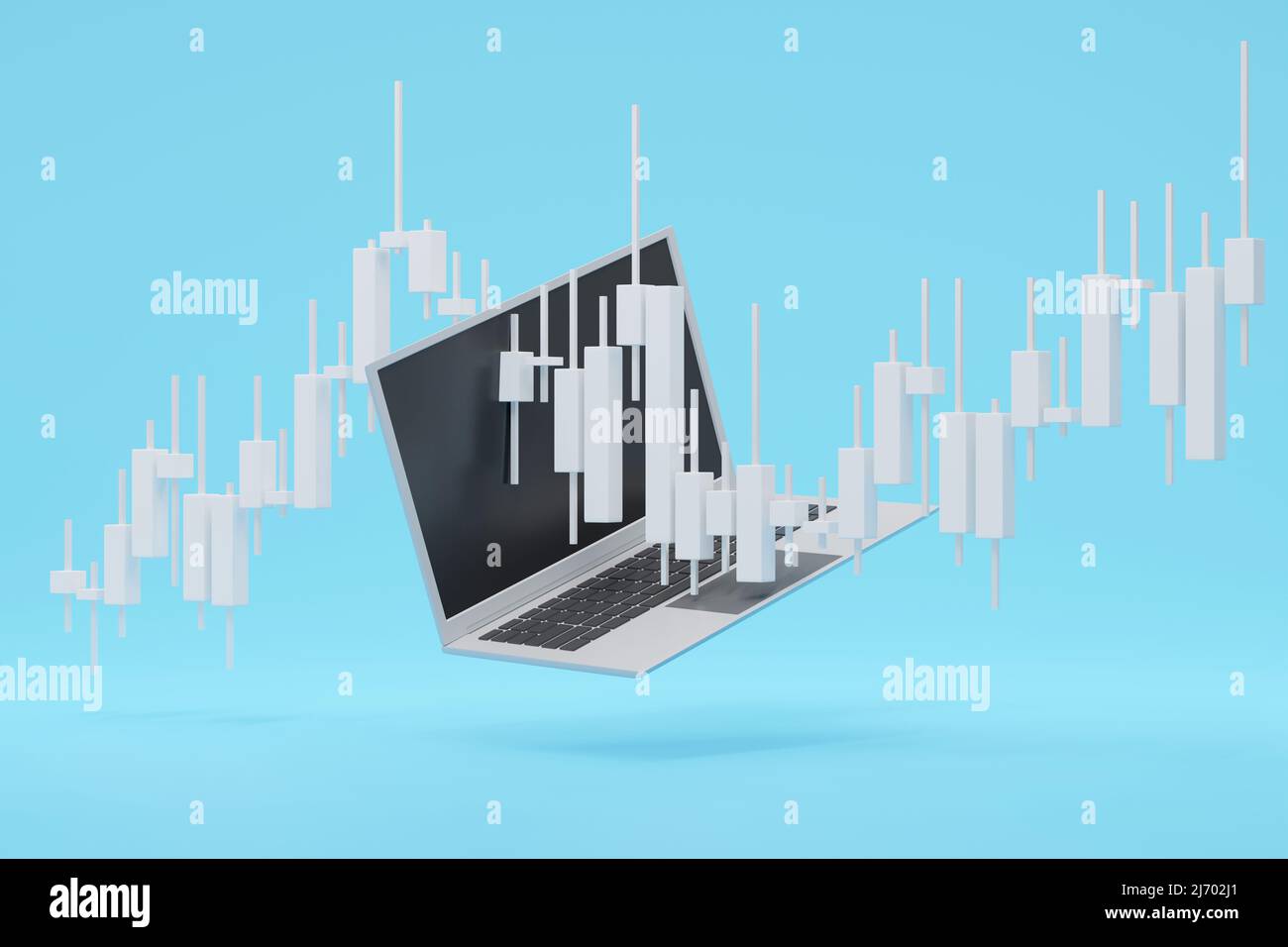 Laptop computer and candle stick chart showing upside or downside trend ...