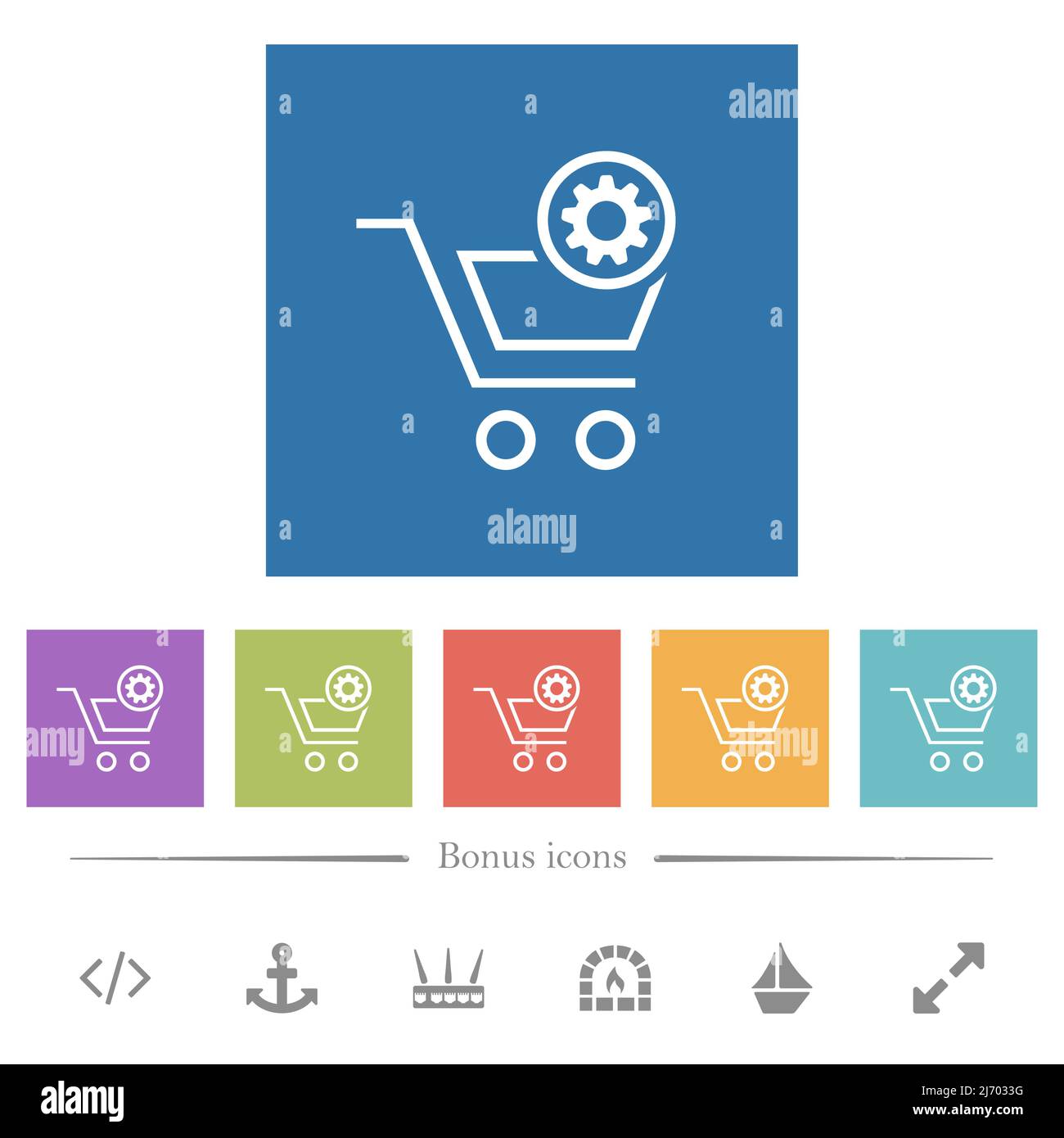 Cart settings outline flat white icons in square backgrounds. 6 bonus ...