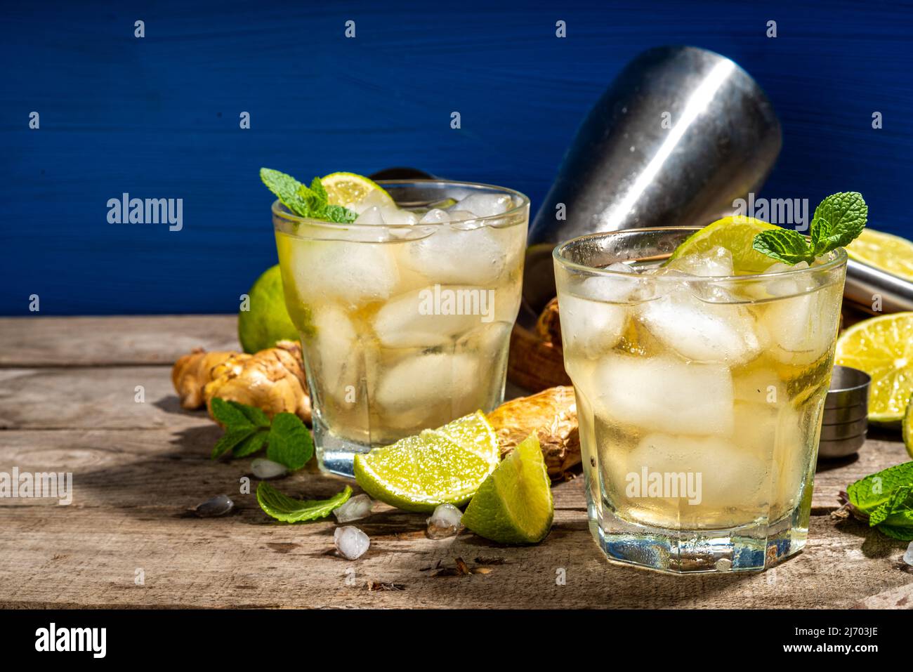 Ginger lemon cold alcohol cocktail Ginger ale beer strong drink with ...