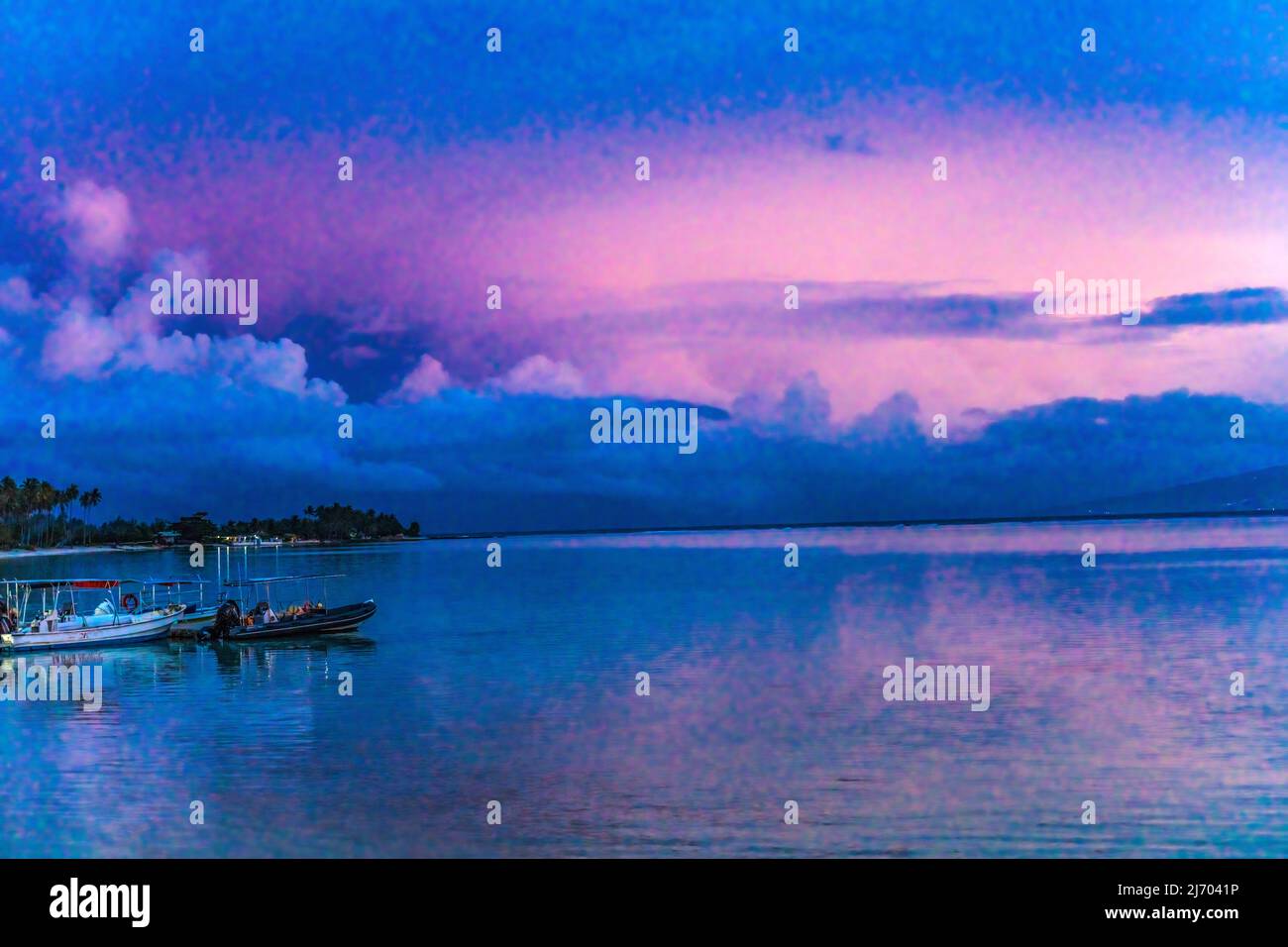 Colorful Pink Sunset Water Reflection Boat Moorea Tahiti French ...