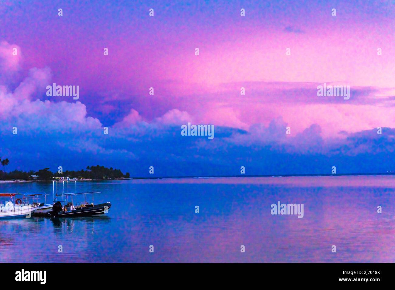 Colorful Pink Sunset Water Reflection Boat Moorea Tahiti French ...