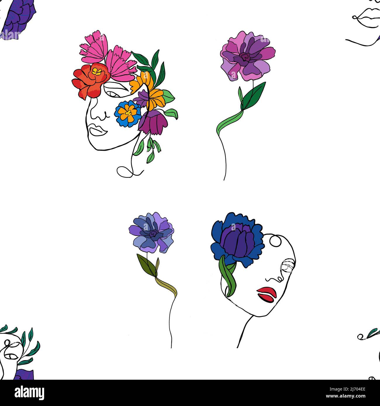 Faces with floral head pieces sketched outline on a white background ...