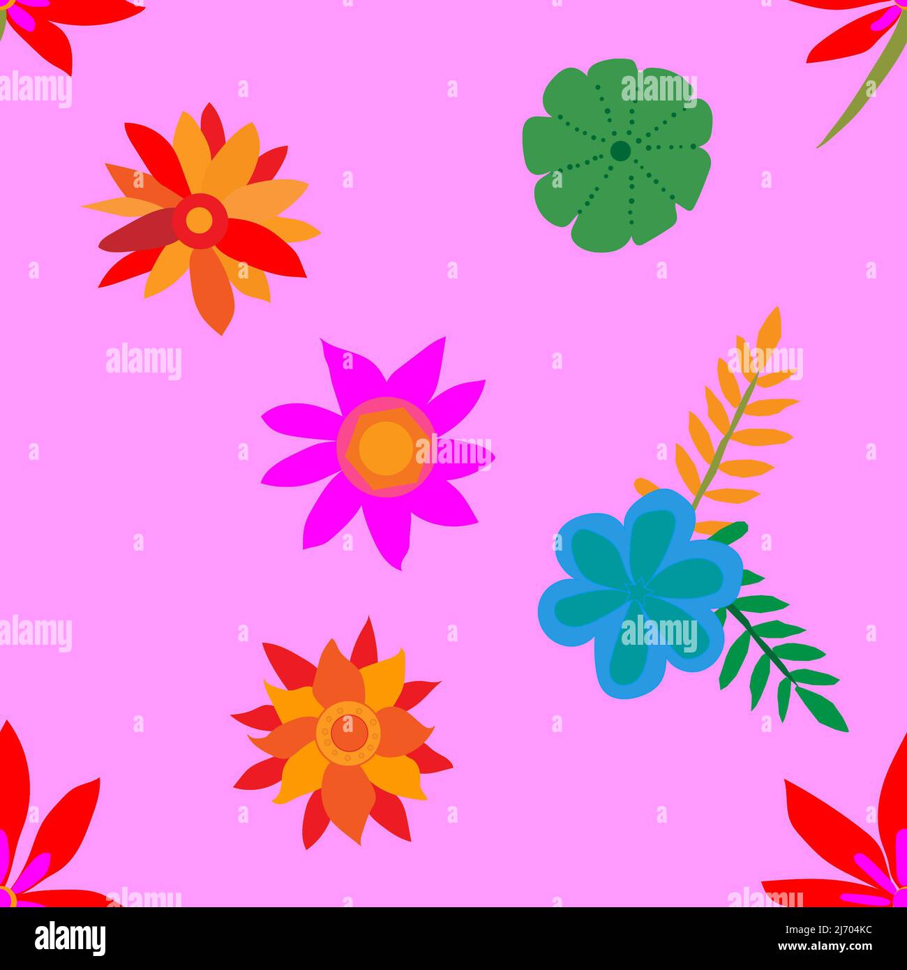Hand drawn flowers and ferns on a pink background. Seamless repeating ...
