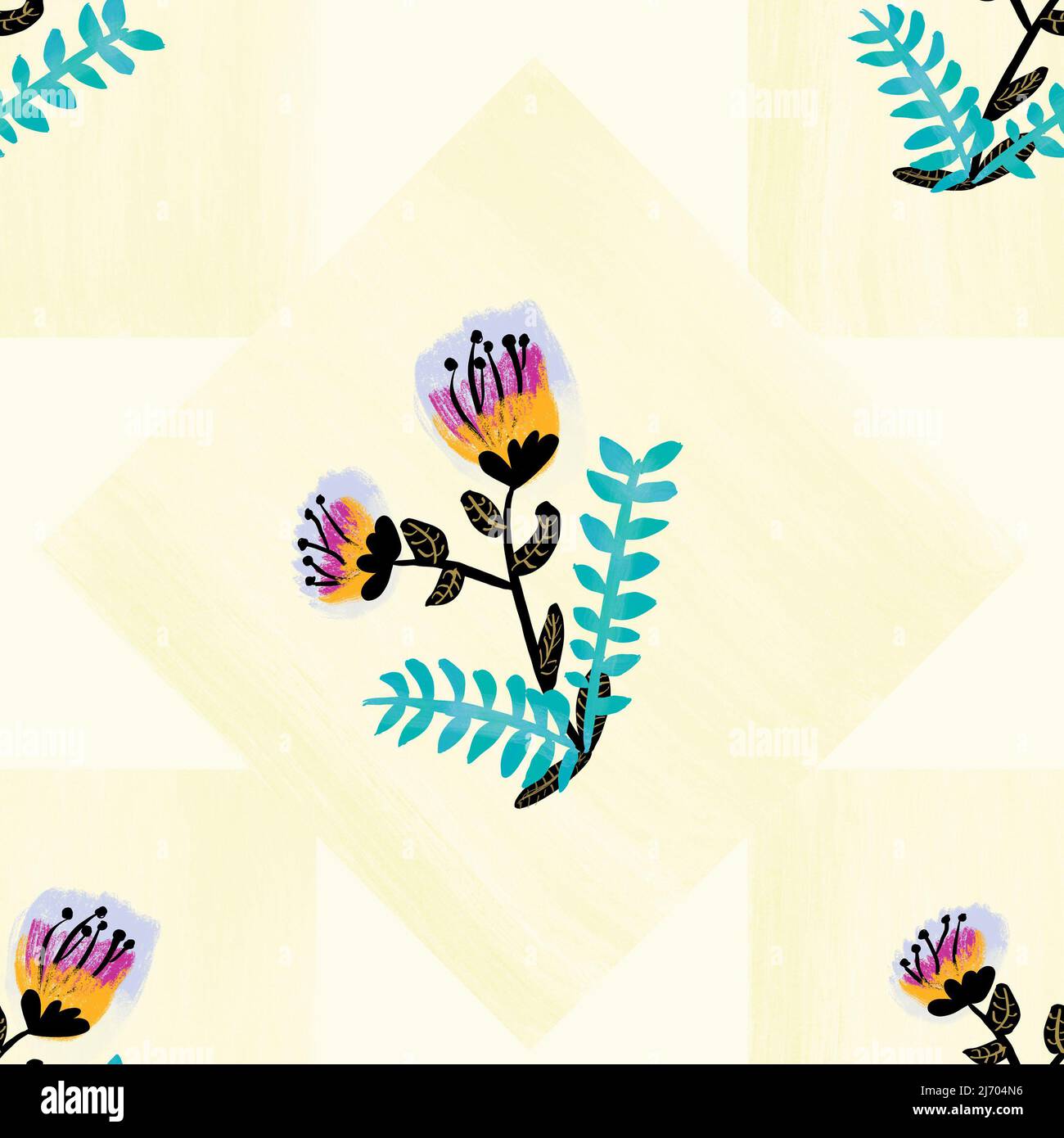 Hand painted pretty flowers on a yellow background. Seamless repeating ...