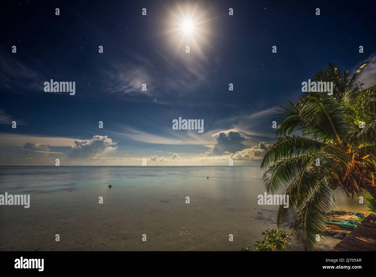 Moon Moonlight Stars Clouds Night Coconut Palm Trees Blue Water Moorea ...