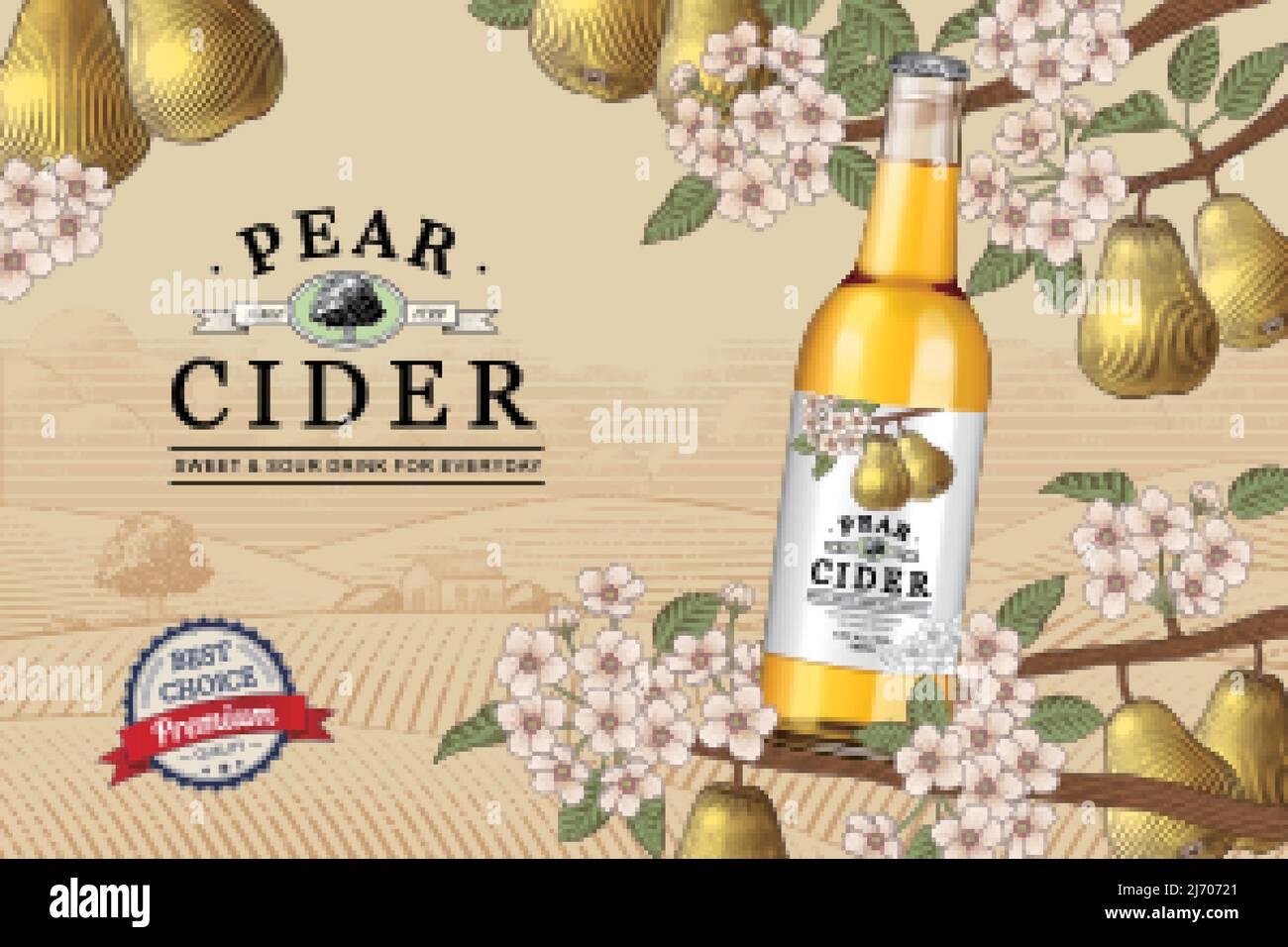 Pear cider promo ad. 3D Illustration of pear cider glass bottle ...