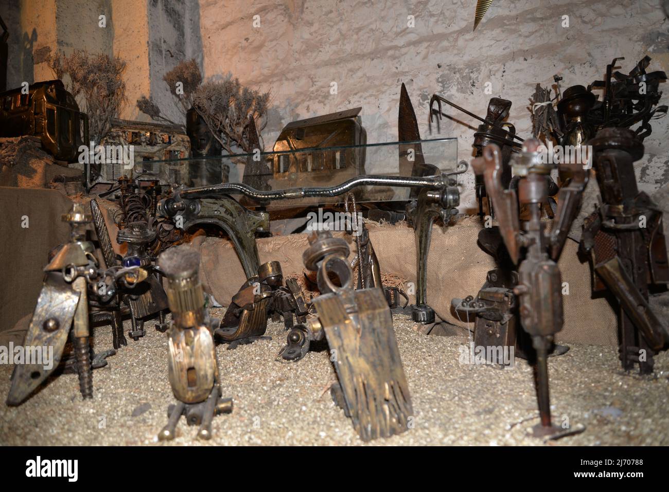 Christmas nativity scene at the church of Evenos made from recycled ...