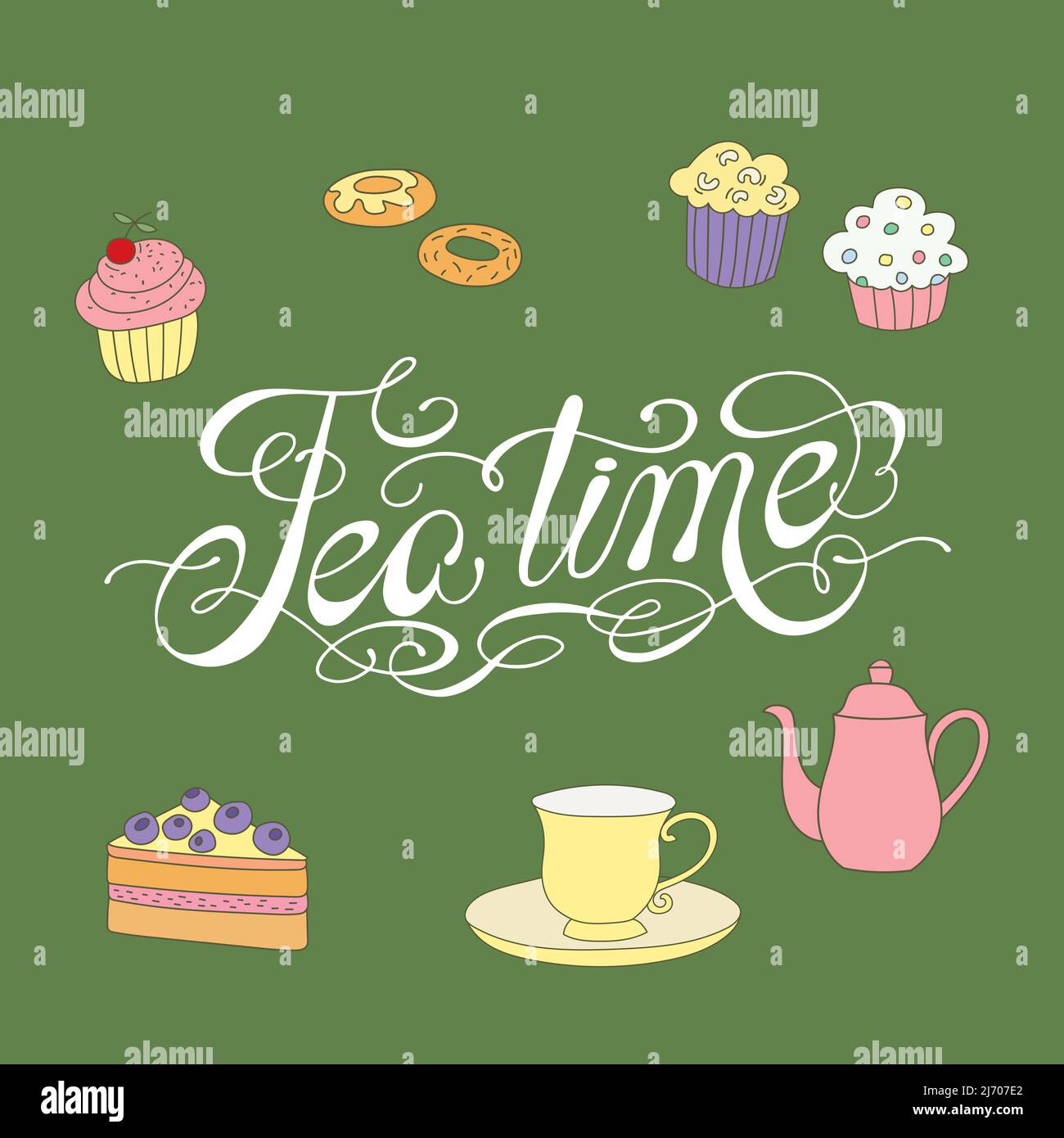 Tea time. Hand drawn hand lettering and tea elements on green ...