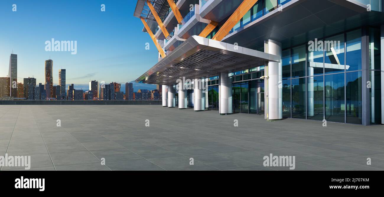Urban street with office buildings and modern architecture. Evening ...