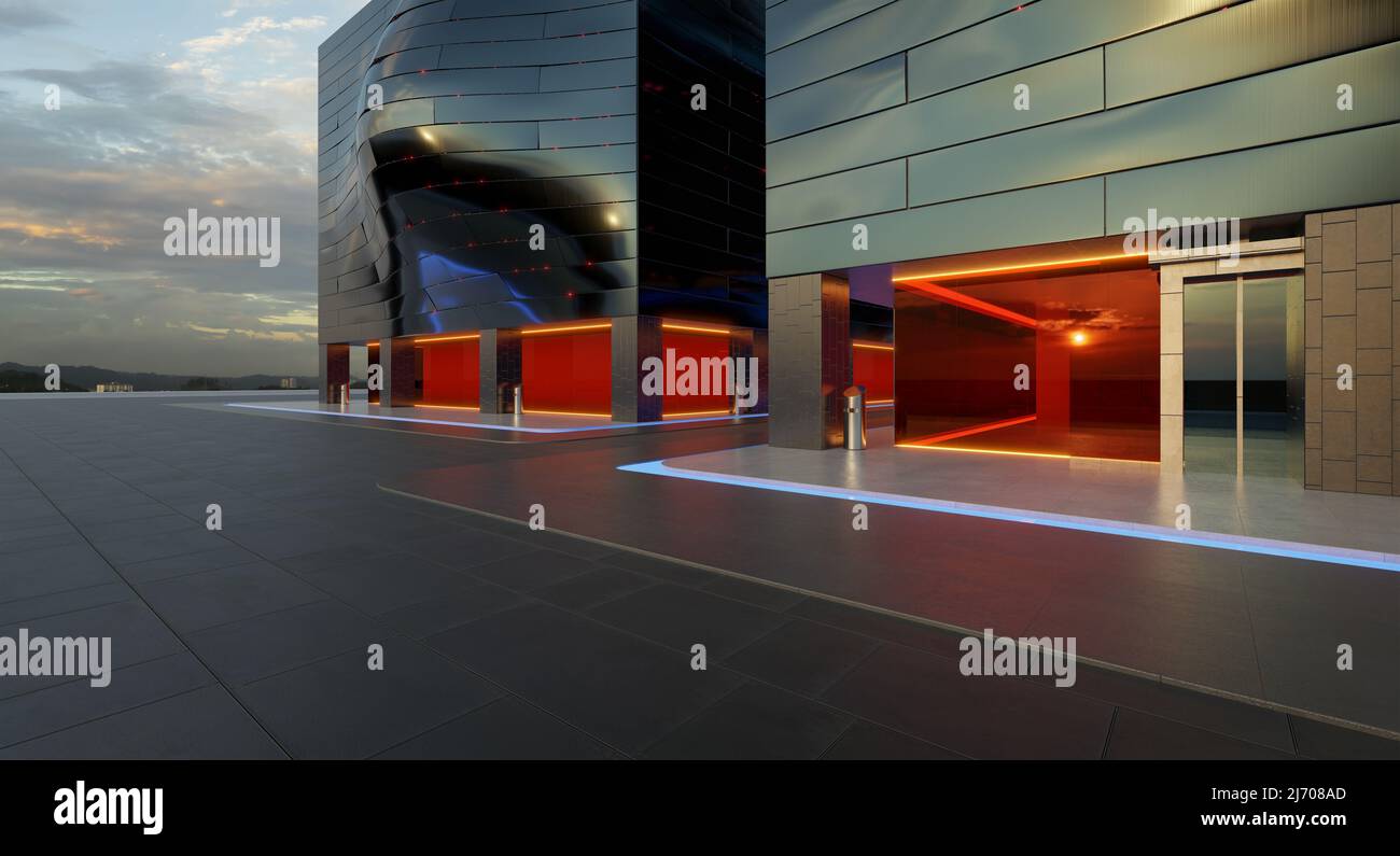 Empty floor with modern buildings with red glass window and bump shape ...