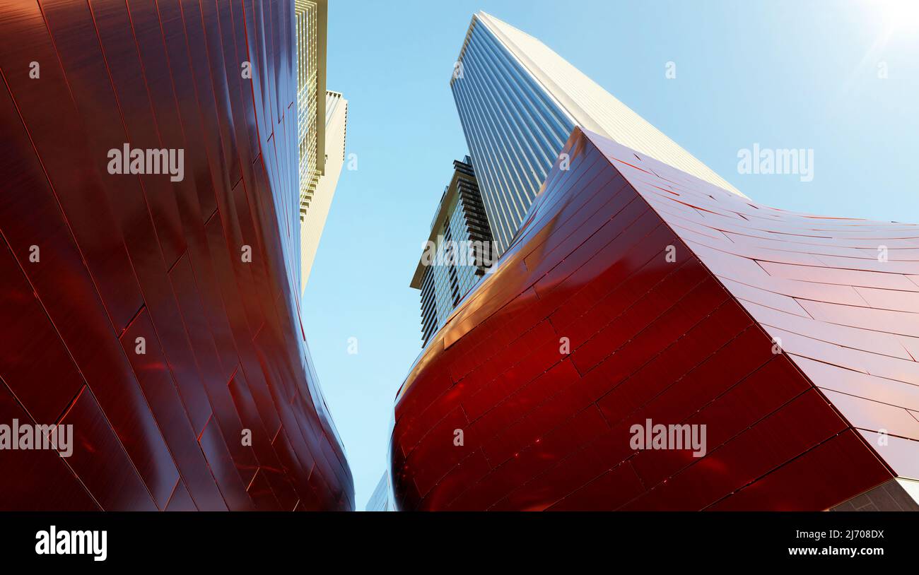 Low angle view of modern curve shape design buildings with red steel ...
