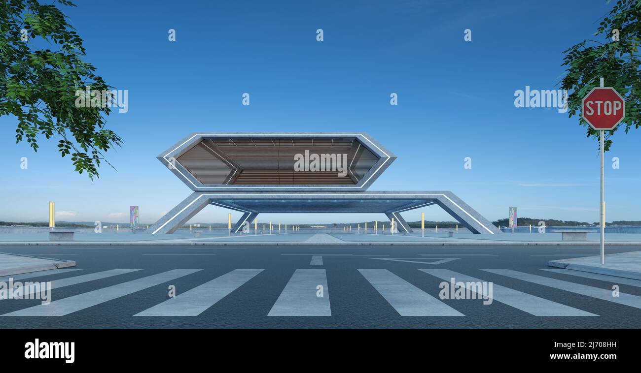 Street junction with modern building. 3d rendering Stock Photo - Alamy