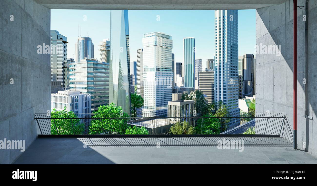 Modern design balcony with cityscape background. 3d rendering Stock ...