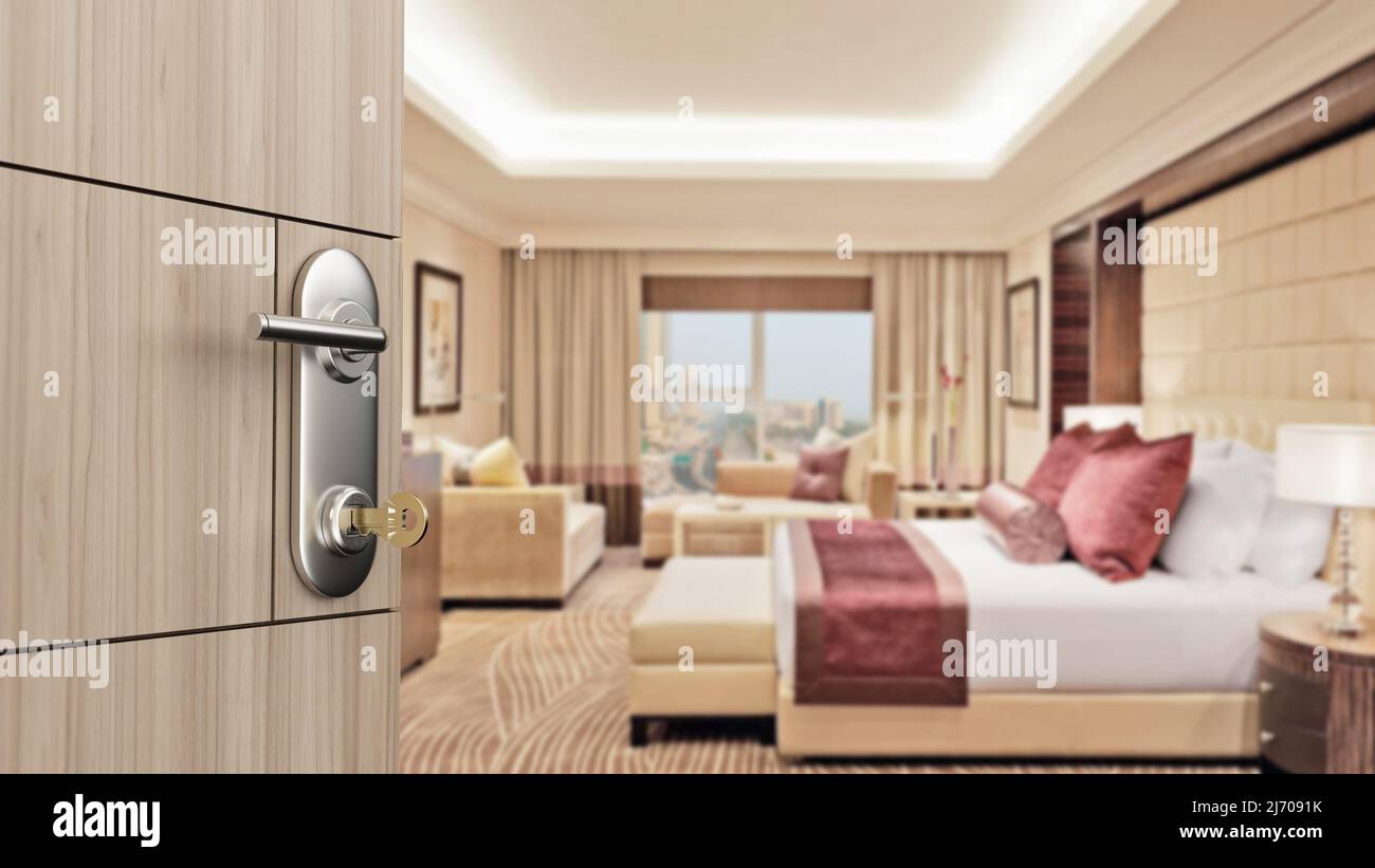 Door opening to luxury hotel room. 3D illustration Stock Photo - Alamy