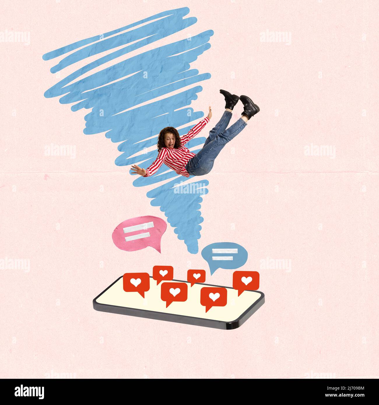 Contemporary art collage. Young girl falling down into phone screen ...