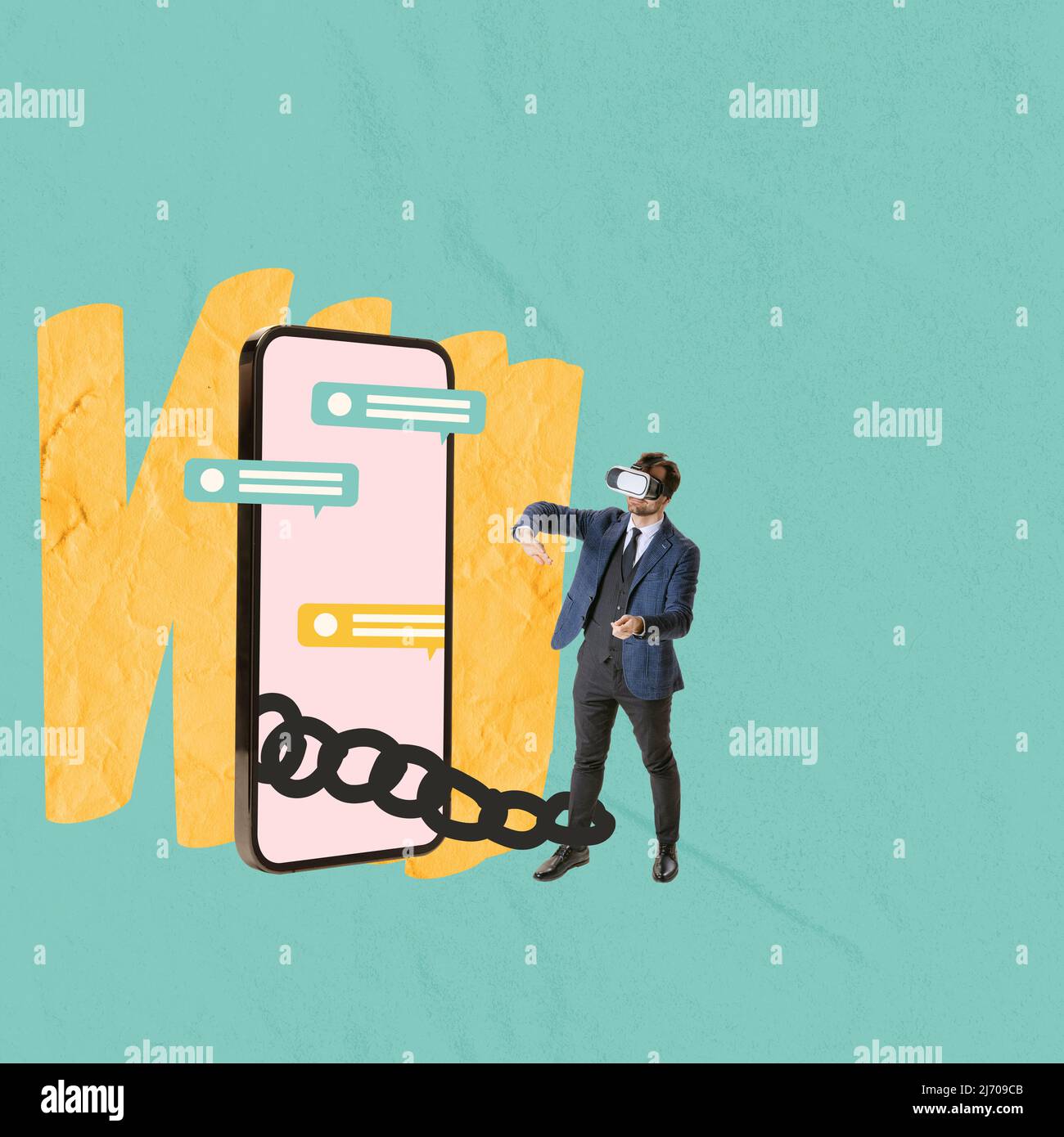 Contemporary art collage. Man in VR glasses in front of giant phone ...