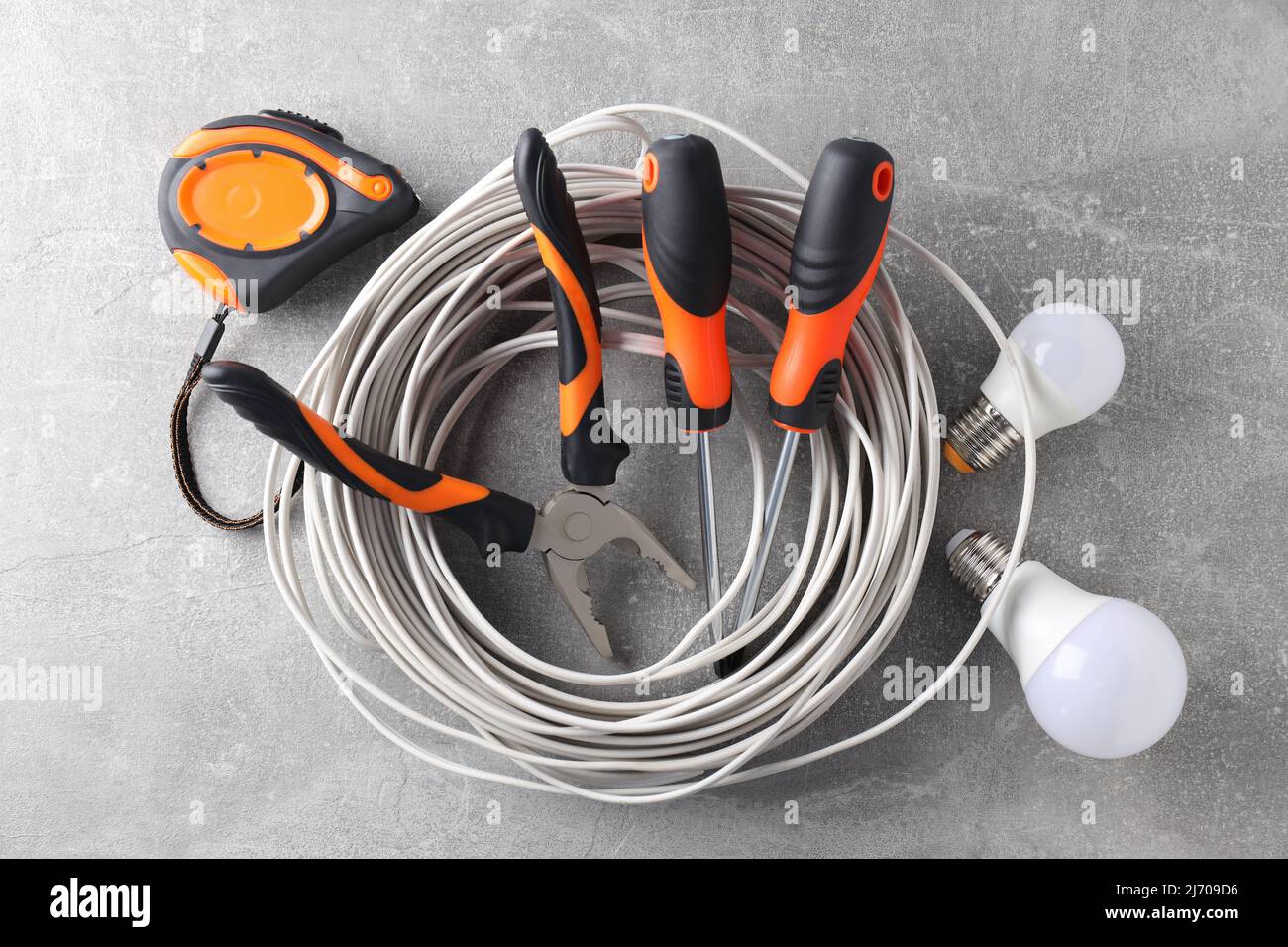 Concept of electrician or electrical tools, top view Stock Photo - Alamy