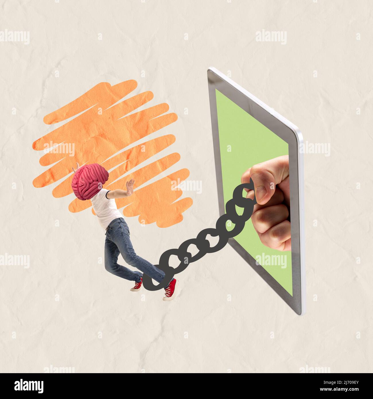 Contemporary art collage. Male hand sticking out tablet and holding man ...