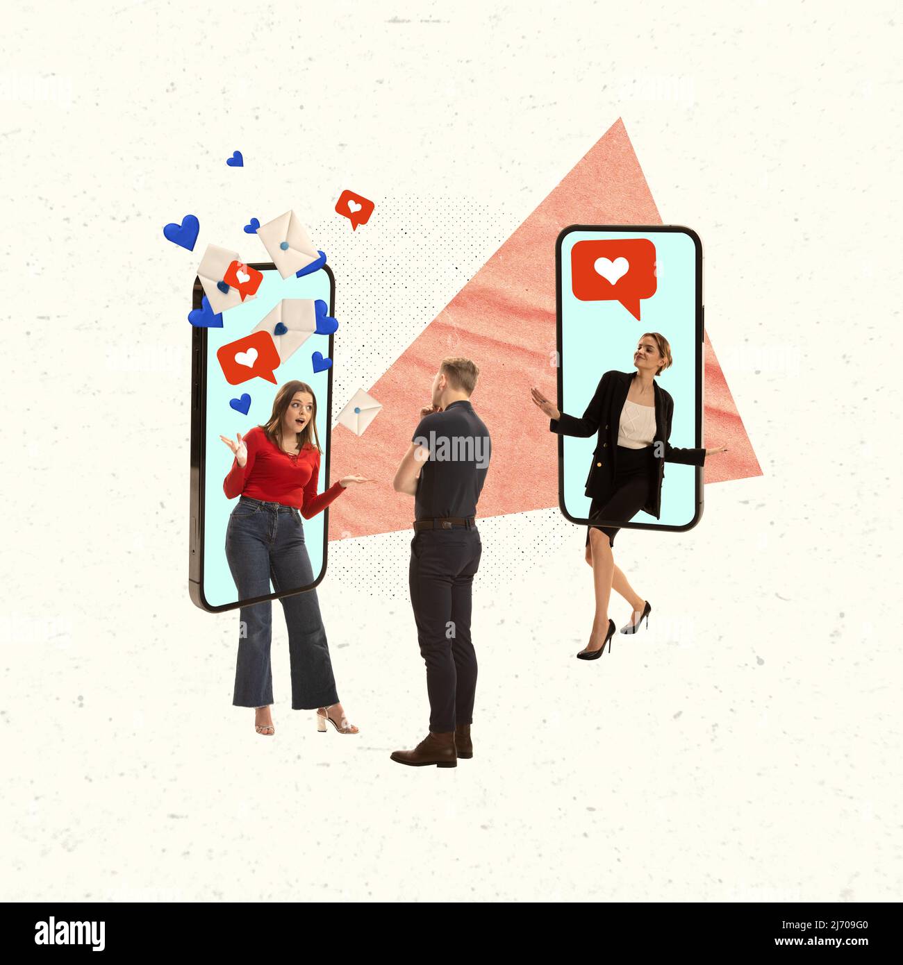 Contemporary art collage. Man standing in front of two phone screens ...