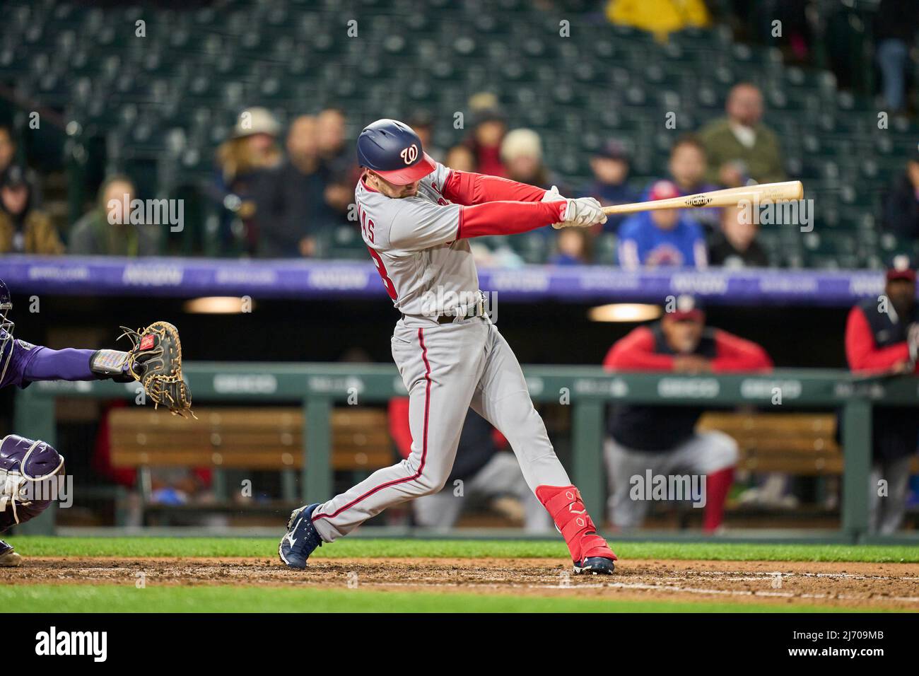 May 4 2022: Washington left fielder Lane Thomas (28) hits a homer ...