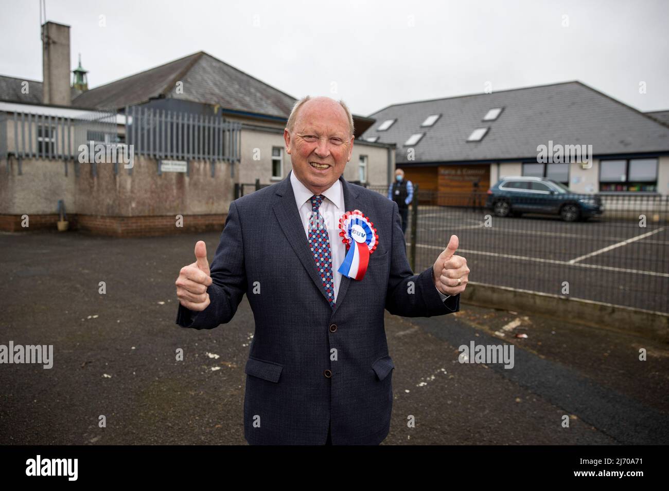TUV leader Jim Allister give a thumbs up as he arrives at Kells and ...