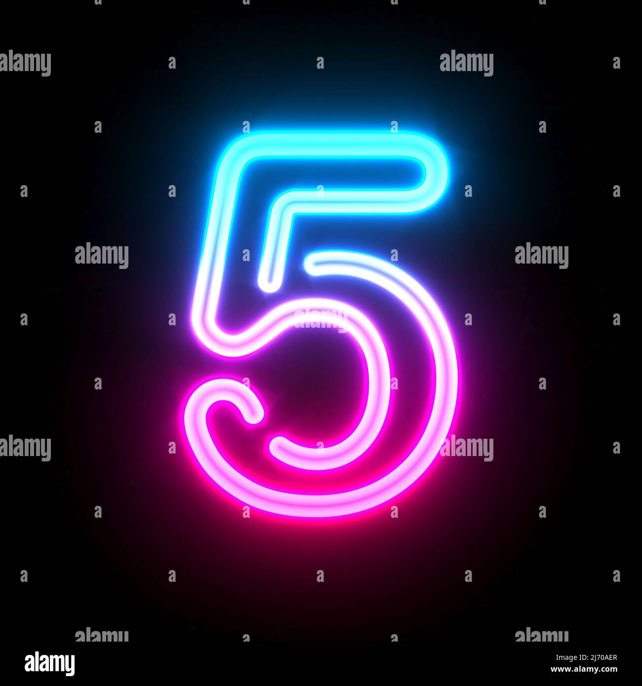 Blue pink glowing neon tube font Number 5 FIVE 3D render illustration ...