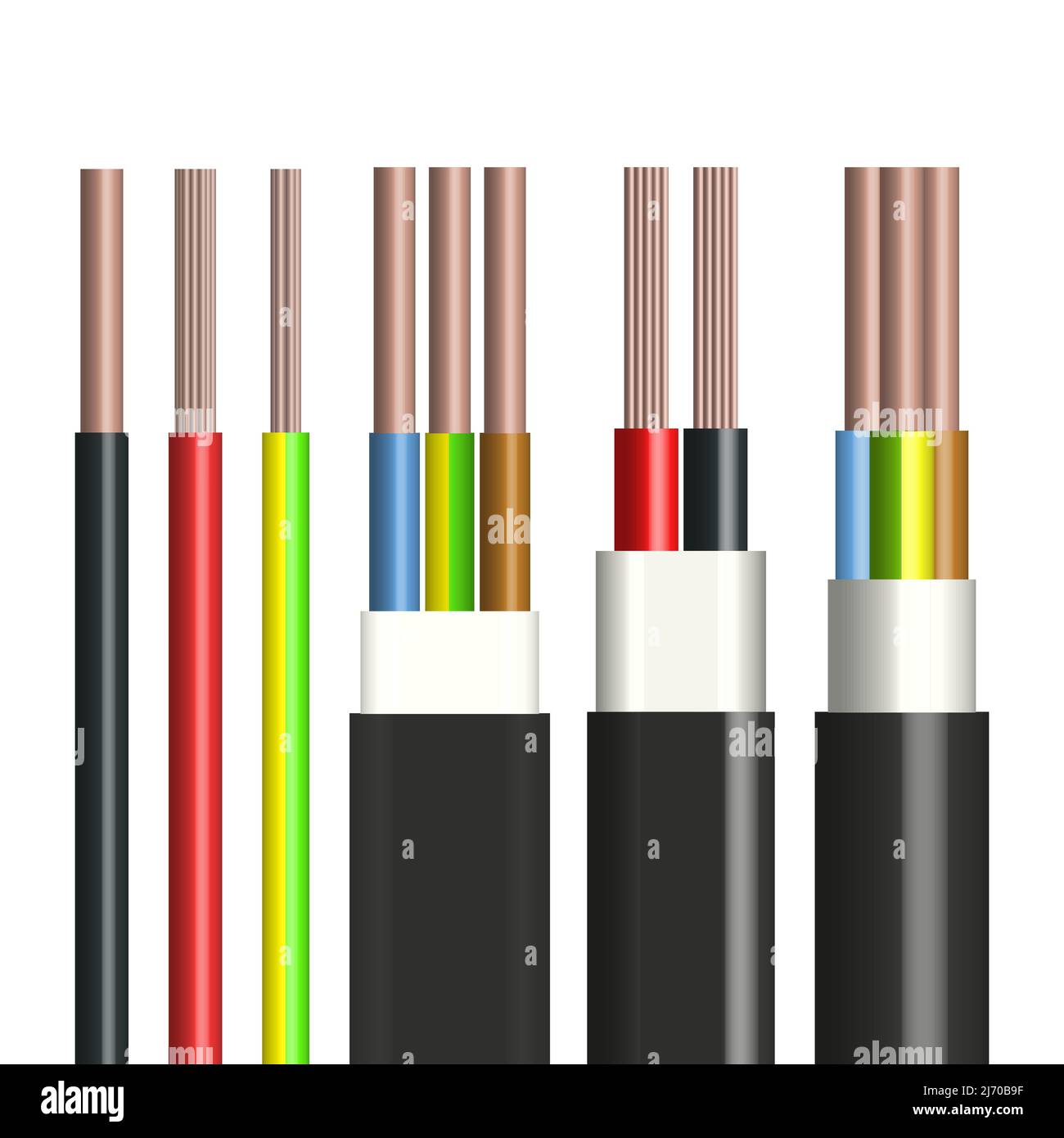 3D flat and round cable with insulated copper conductors. Front view ...