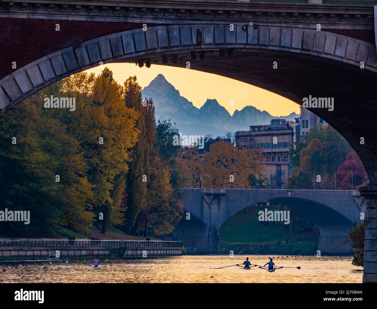 Monviso mountain under the Isabella bridge in Turin Stock Photo - Alamy