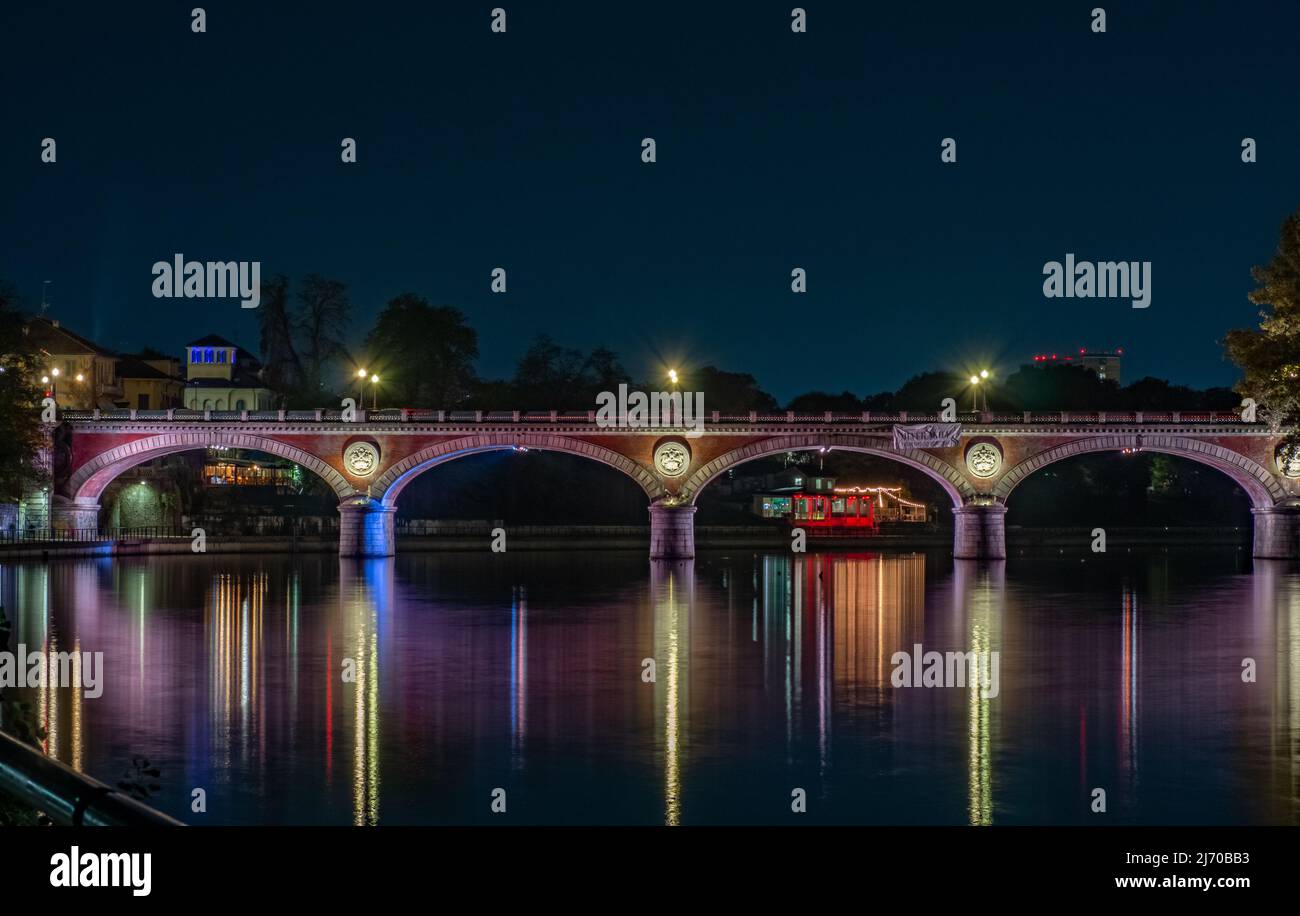 Isabella bridge in Turin seen by night Stock Photo - Alamy