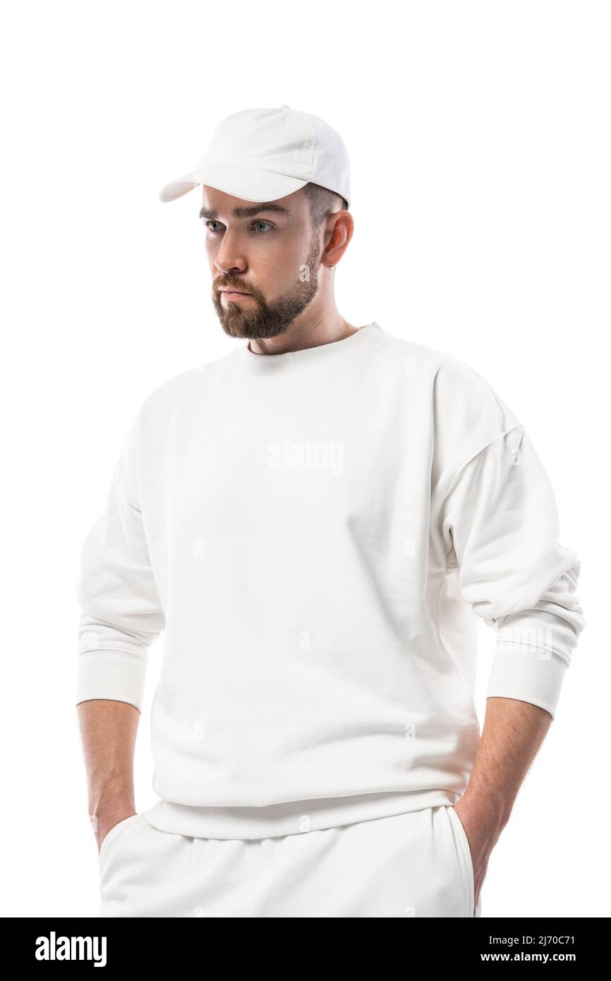Handsome man wearing blank white cap on white background Stock Photo ...