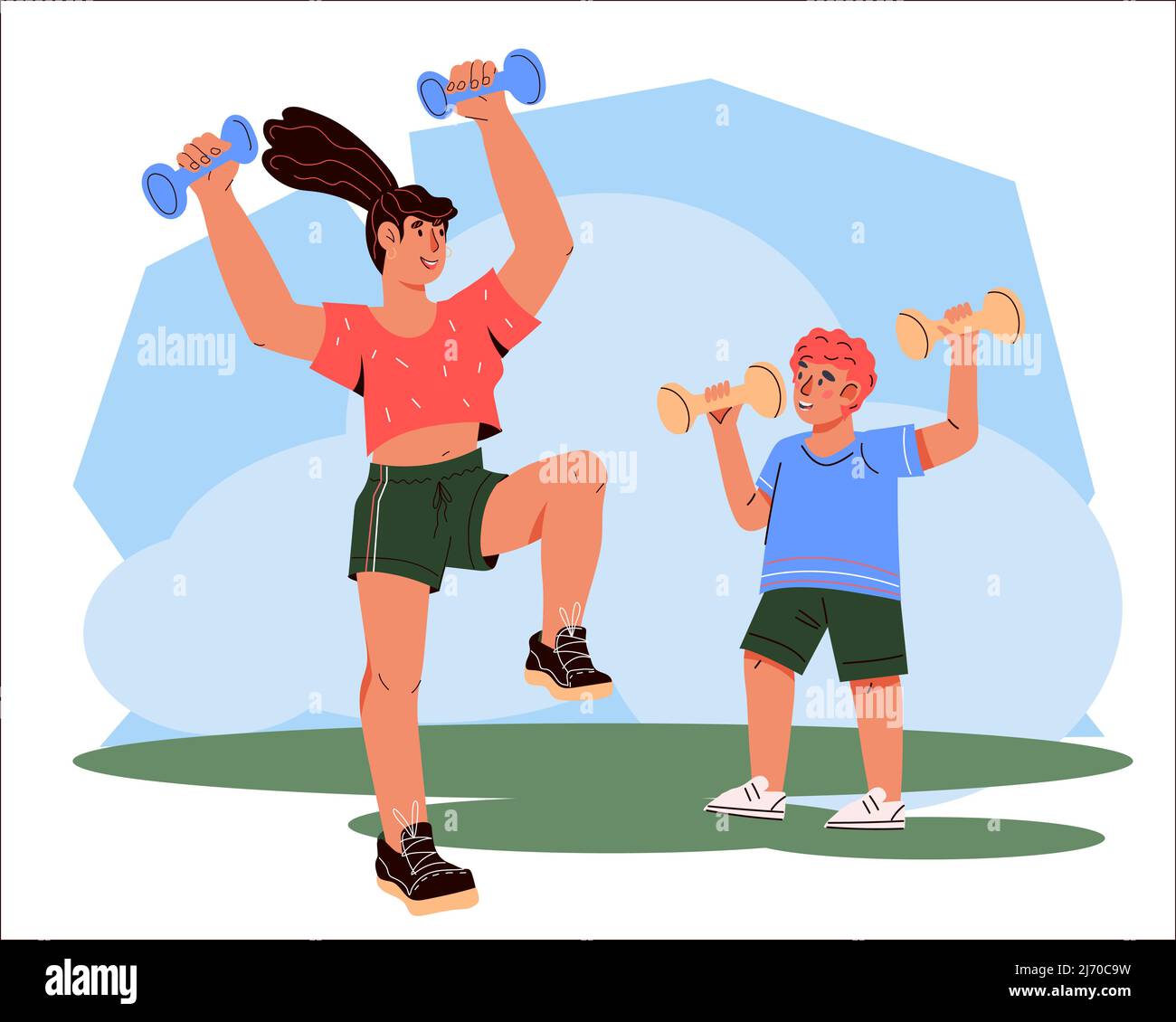Mother and child doing sport exercises together, flat cartoon vector ...