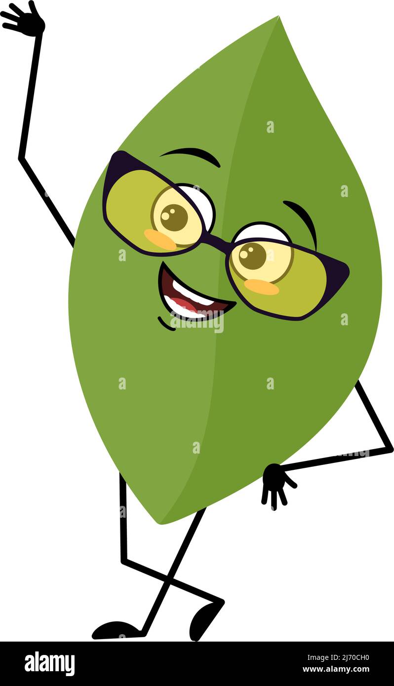 Leaf character with glasses and happy emotion, face, smile eyes, arms ...