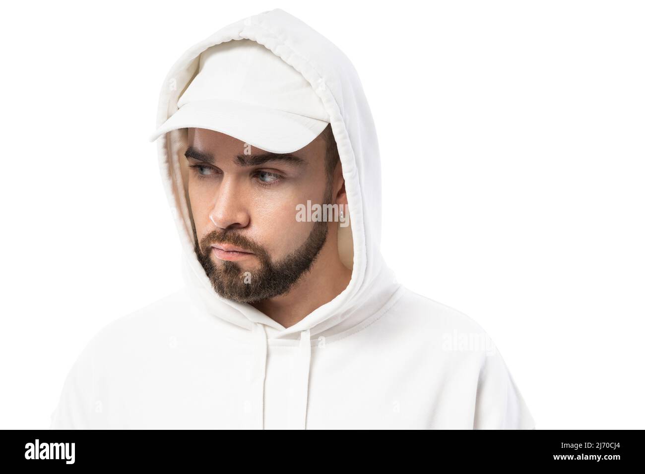 Handsome man wearing blank white cap and hoodie on white background ...